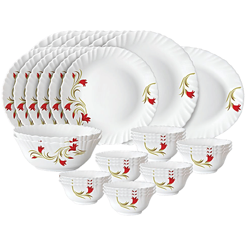 Buy Larah by Borosil Red Lily Fluted Series Opalware Dinner Set - White ...