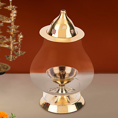 Buy Prime-Metal Designer Brass Jyot, Designer Glass Akhand Jyot With ...