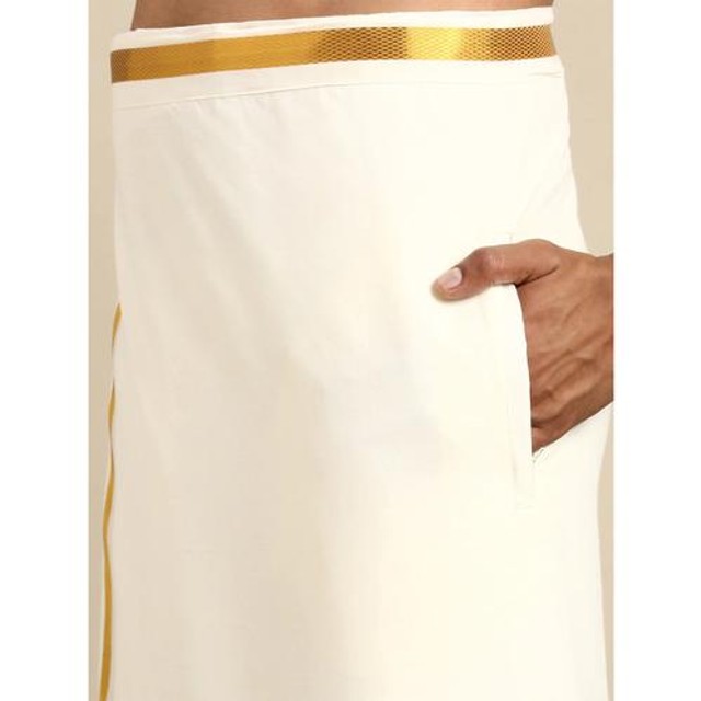 Buy RAMRAJ Men's Adjustable Dhoti - Cream Colour, With Gold Jari Border ...