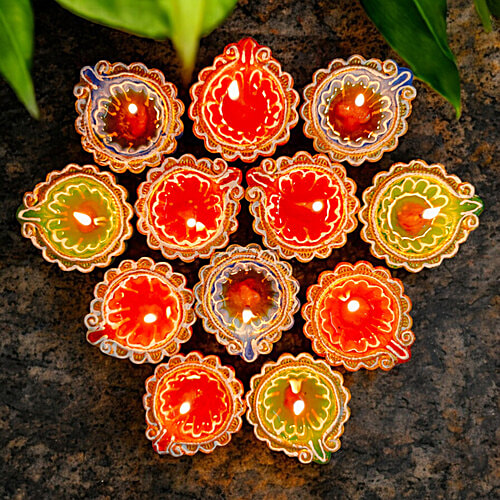 Buy House of Festivals Detailed Hand Work Round Colourful Clay Diya ...