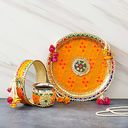 Buy eCraftIndia Multicolour Floral Designer Stainless Steel Karwa Chauth Pooja Thali Set Online ...