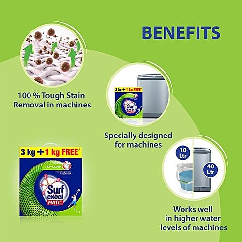 Surf Excel Matic Powder - Top load, 3 kg Get 1 kg Free of Rs 740 ...