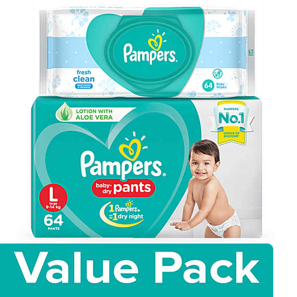 Buy Pampers New Dry Large 64 Diaper Pants + Wipes Baby Fresh Clean 64 ...