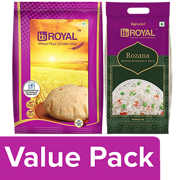 Buy bb Royal Basmati Rice - Rozana Premium 5 Kg Pouch + Wheat Flour ...