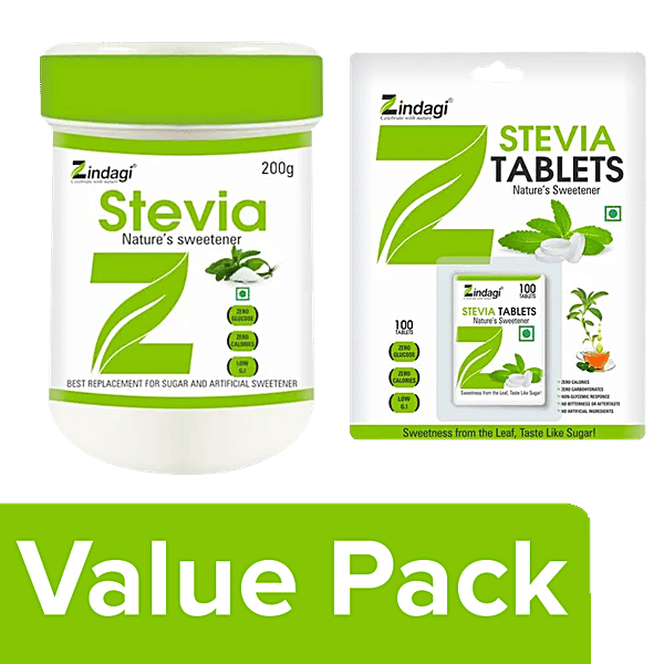 Buy Zindagi Stevia Powder 200 g + Stevia Tablets 100 pcs Box Online at ...