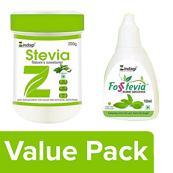 Buy Zindagi Stevia Powder 200 g + Fosstevia Herbal Sweetner Drops 10 ml ...