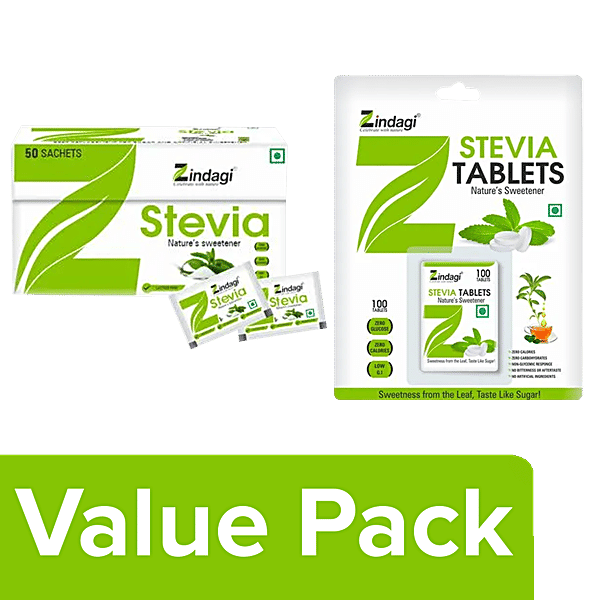 Buy Zindagi Stevia Sachets 50 Sachets Carton + Stevia Tablets 100 pcs ...