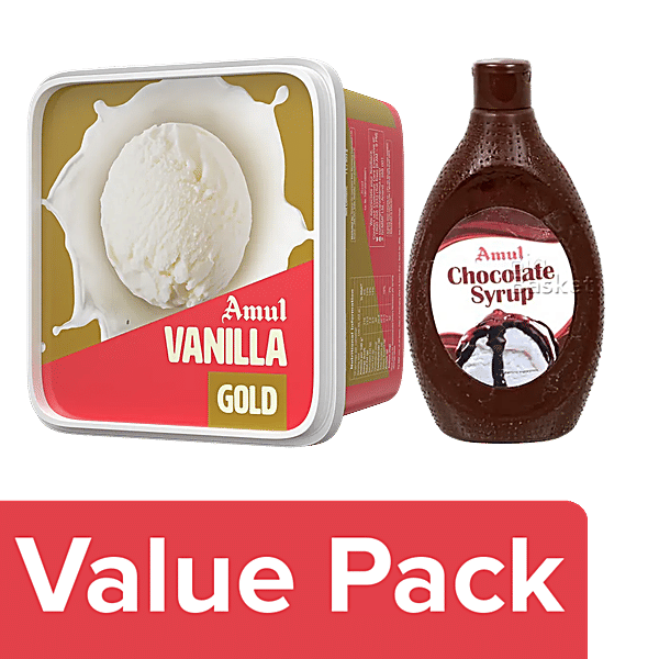 Buy Amul Chocolate Syrup 650 g Bottle + Ice Cream Gold, Vanilla 1 L ...