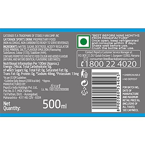 Gatorade Nutritional Panel