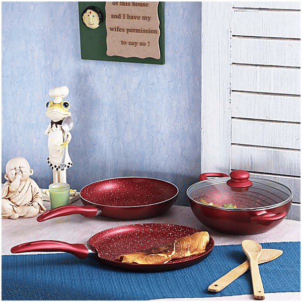 Buy Wonderchef Induction Base Non-Stick Cookware Set - Red, Dosa Tawa ...