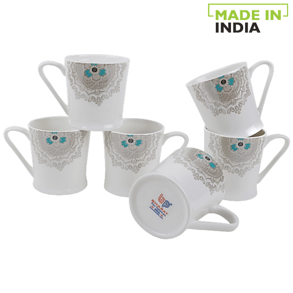 Buy BP Bharat Chai/Tea/Coffee Bonechina Gray Ethnic Print With Blue Mug ...