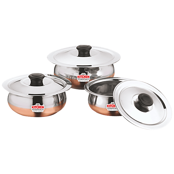 Buy Kitchen Essentials Handi Set - Silver, 3 Handis with 3 SS Lids 0.6 ...