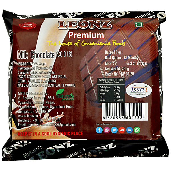 Buy Leonz Milk Chocolate Bar - Smooth & Rich, For Snacking, Desserts ...