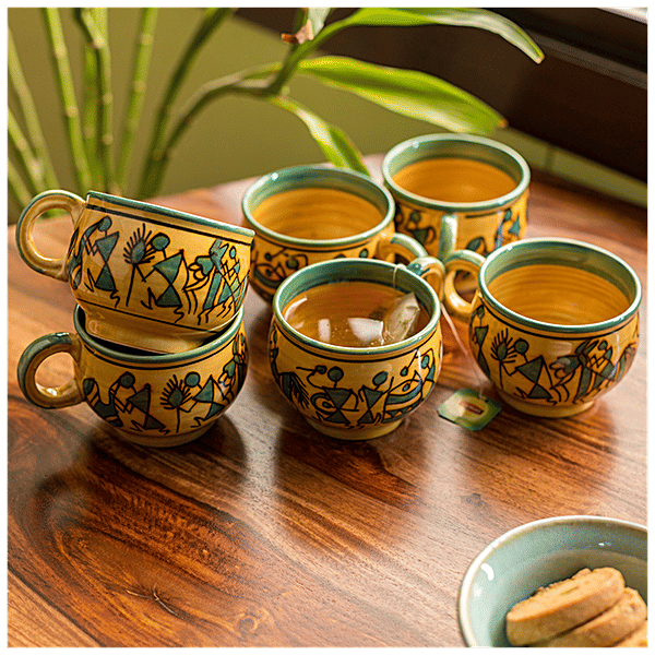 Buy ExclusiveLane Ceramic Tea & Coffee Cups - 'Celebration In Sand' Warli Hand-Painted Online at ...