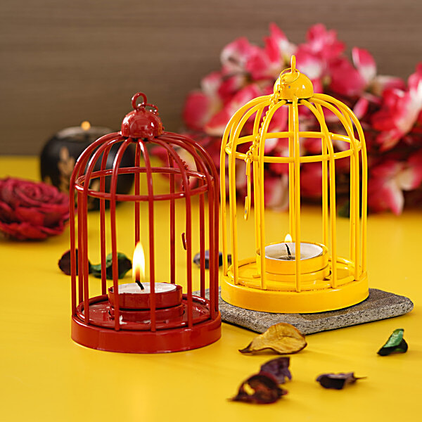 Buy eCraftIndia Red & Yellow Cage Tea Light Holder With Hanging Chain ...