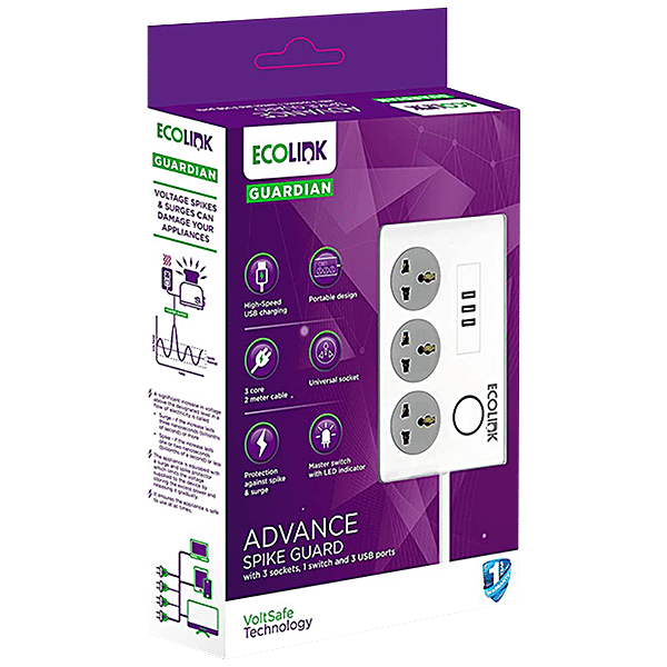 Buy EcoLink Adevance Spike Guard - 3 Sockets, 6A, 3 USB, 2 Meter Cable ...