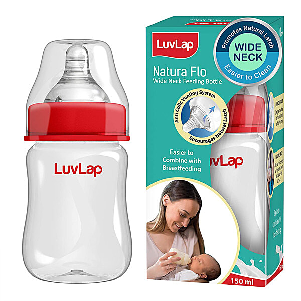 Buy LuvLap Natura Flo Feeding Bottle - Plain, Wide Neck, 0+M, Red ...