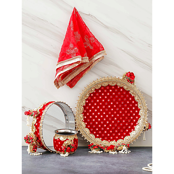 Buy eCraftIndia Red Golden Floral Designer Stainless Steel Karwa Chauth Pooja Thali Set Online ...