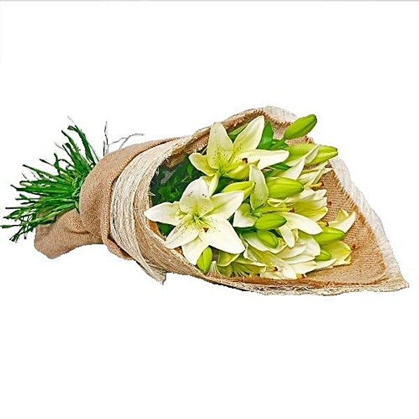 Buy Matunga Flower Bouquet 5 Asiatic White Liles Tide With Rafia Knot 1 ...